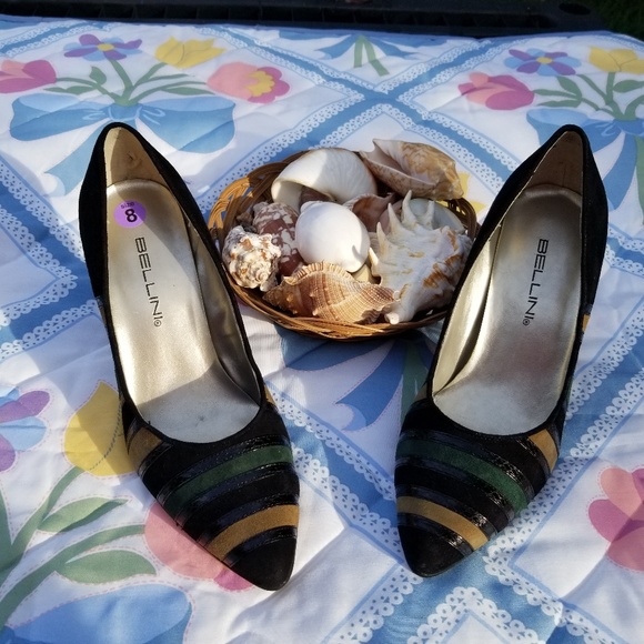 Bellini | Shoes | Bellini Heels Nwob 8m Black Striped Leather Suede ...